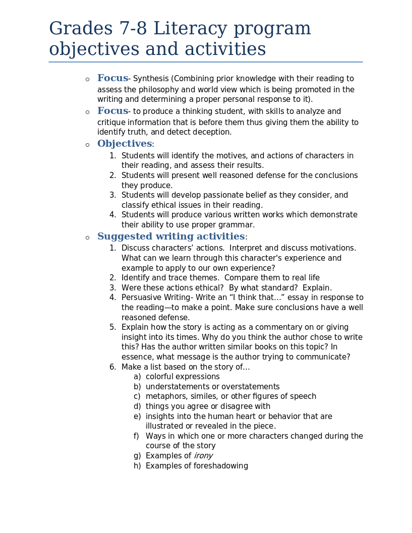 Grades 7-8 Literacy Program - The Dock for Learning