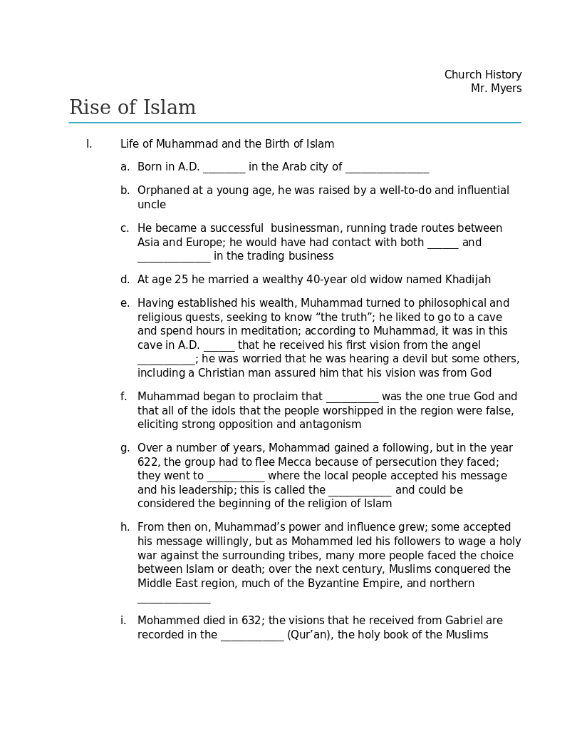 Rise Of Islam And Teachings Handout - The Dock for Learning
