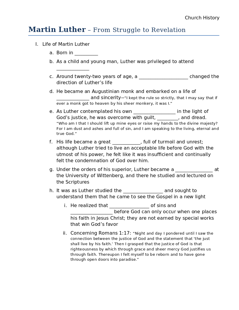 Martin Luther: From Struggle To Revelation Handout - The Dock for Learning