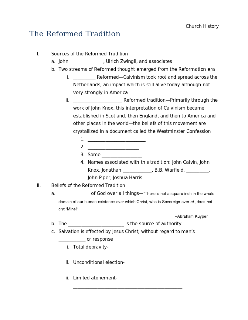 Reformed tradition handout - The Dock for Learning