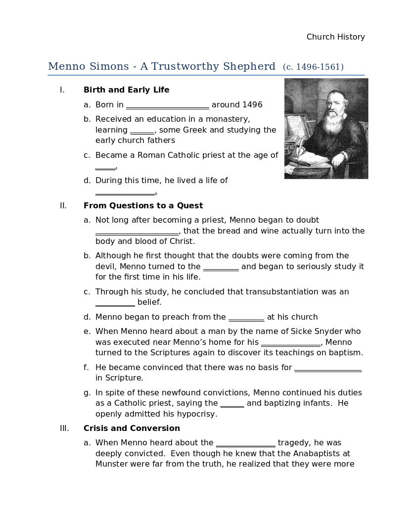 Menno Simons, Part 1 Handout - The Dock for Learning