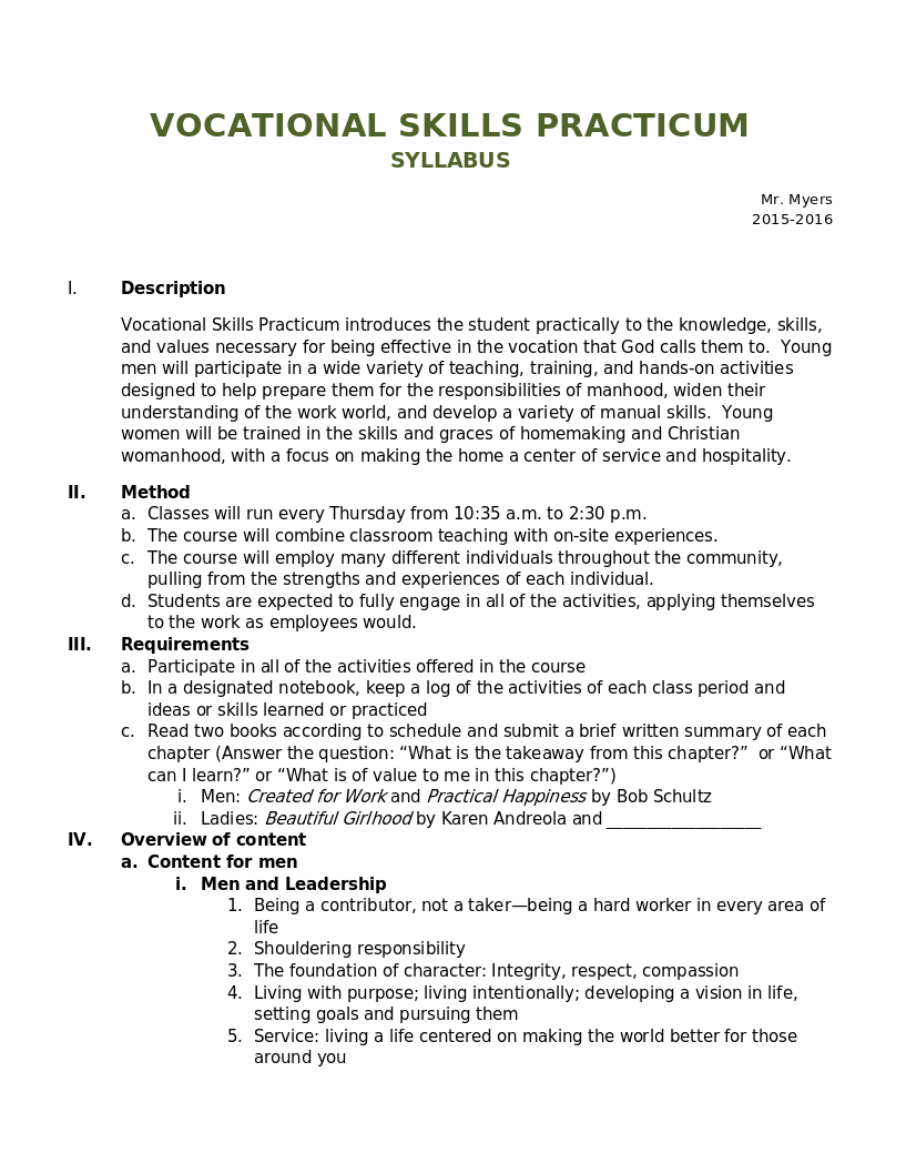 Vocational Skills Practicum Syllabus - The Dock for Learning