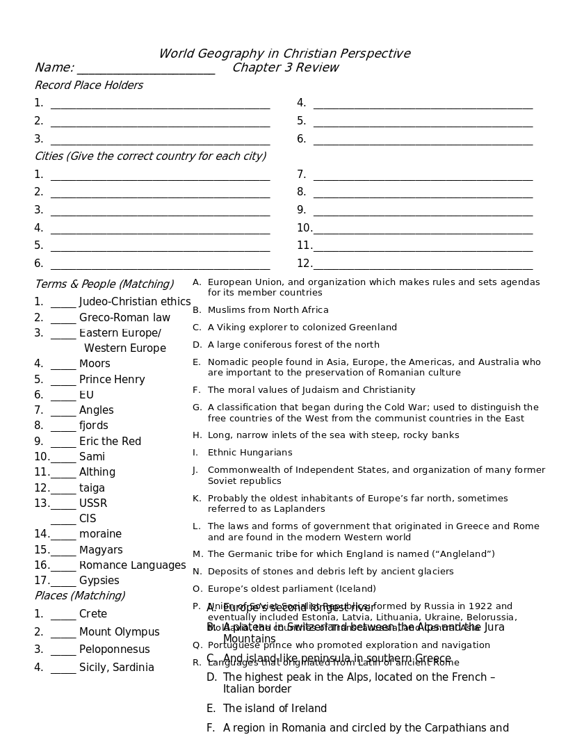World Geography Chapter 3 Review - The Dock for Learning