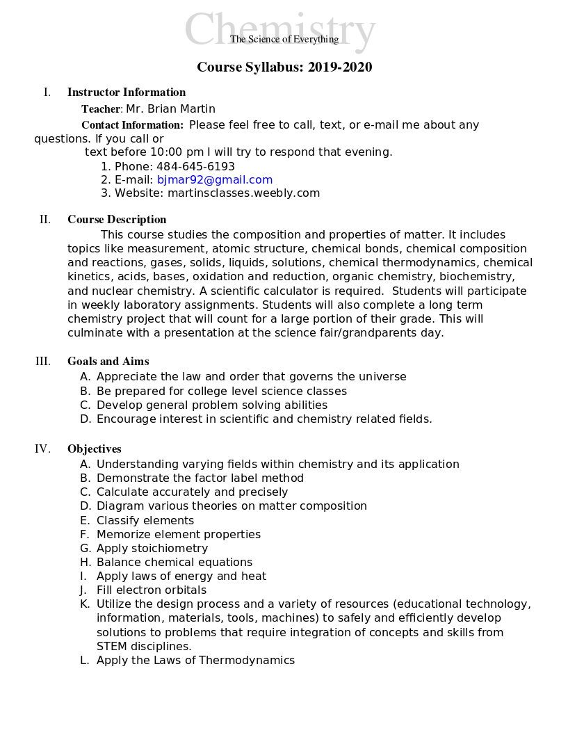 High School Chemistry Syllabus - The Dock for Learning