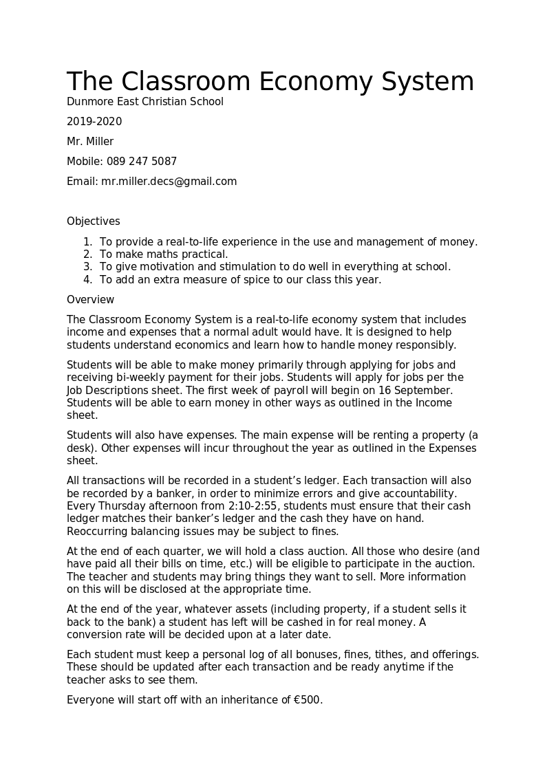 Classroom Economic System - The Dock for Learning