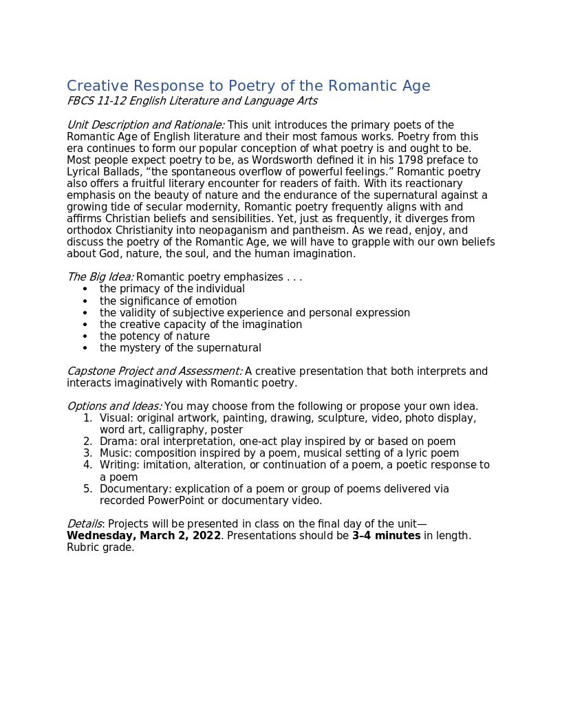 Creative Response to Romantic Poetry - The Dock for Learning