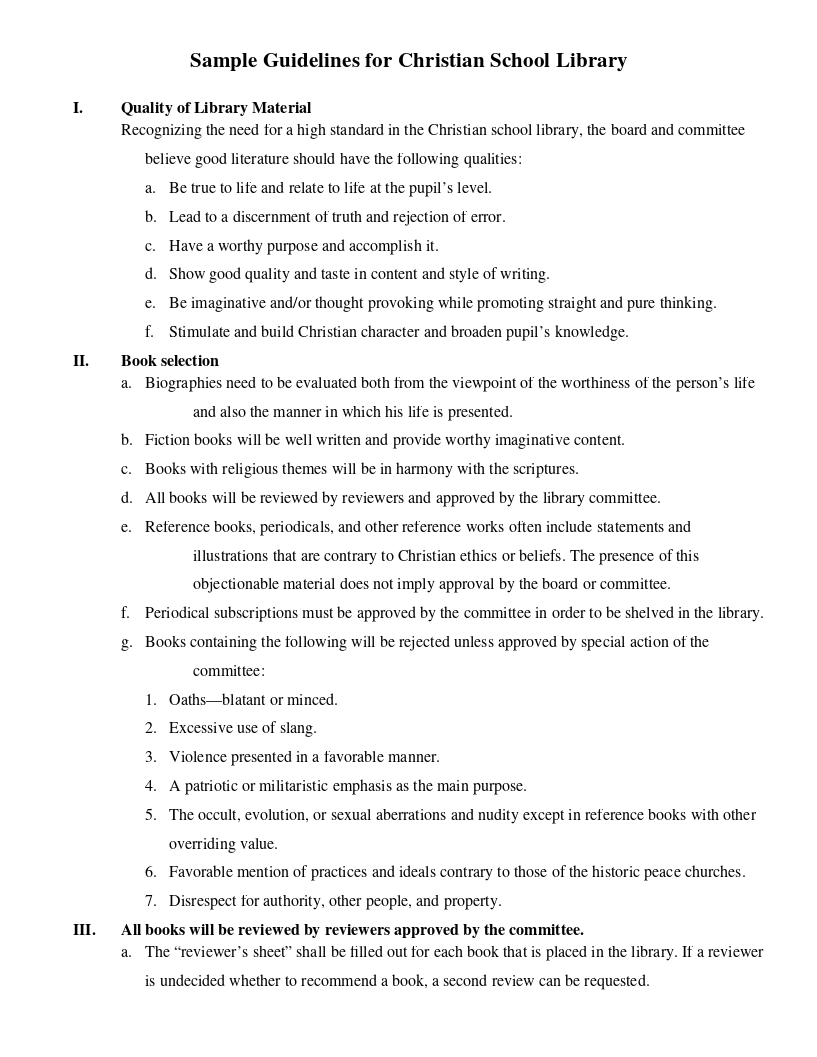 Sample Guidelines for Christian School Library - The Dock for Learning