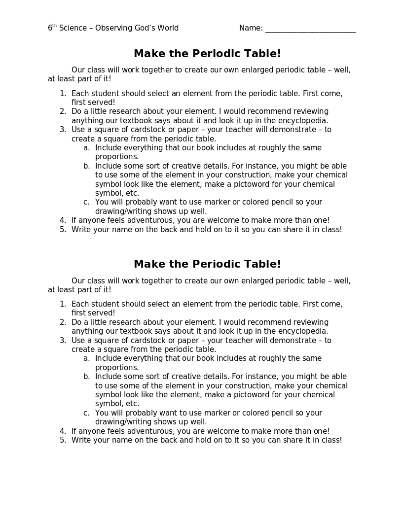 Periodic Table Class Project - The Dock for Learning