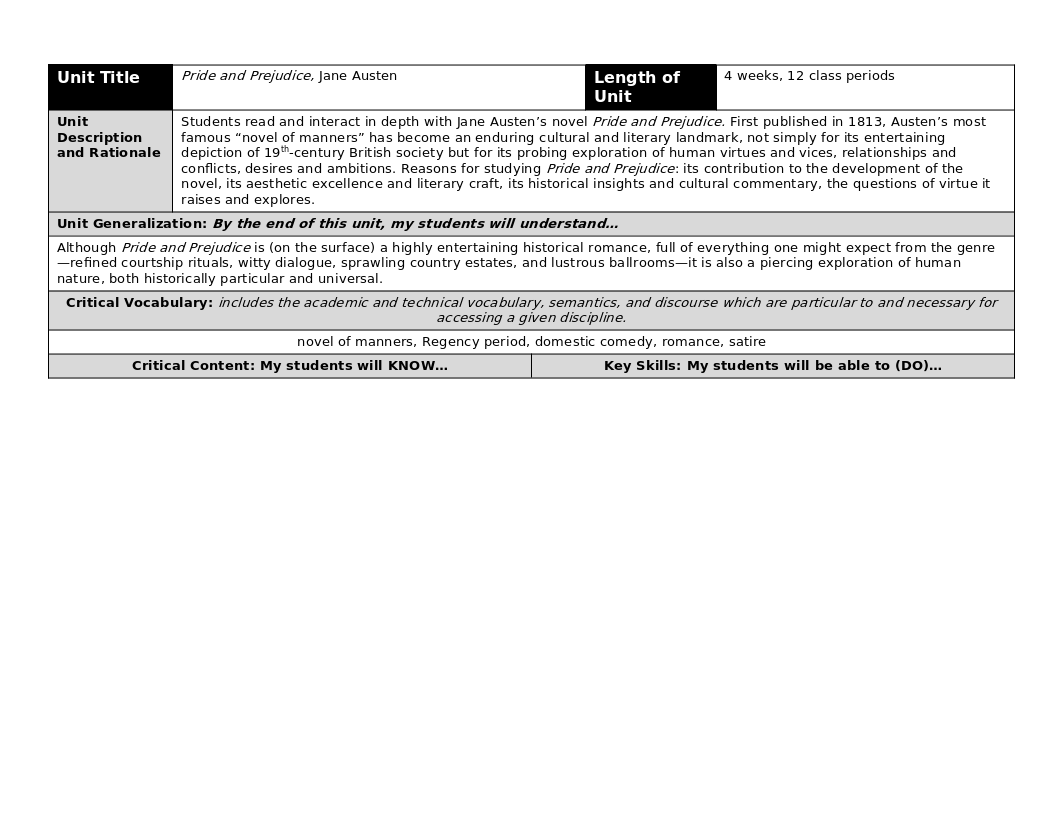 Pride and Prejudice Unit Plan - The Dock for Learning