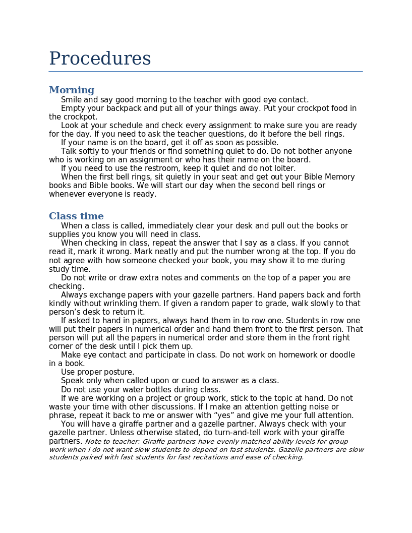 Sample Classroom Procedures - The Dock for Learning