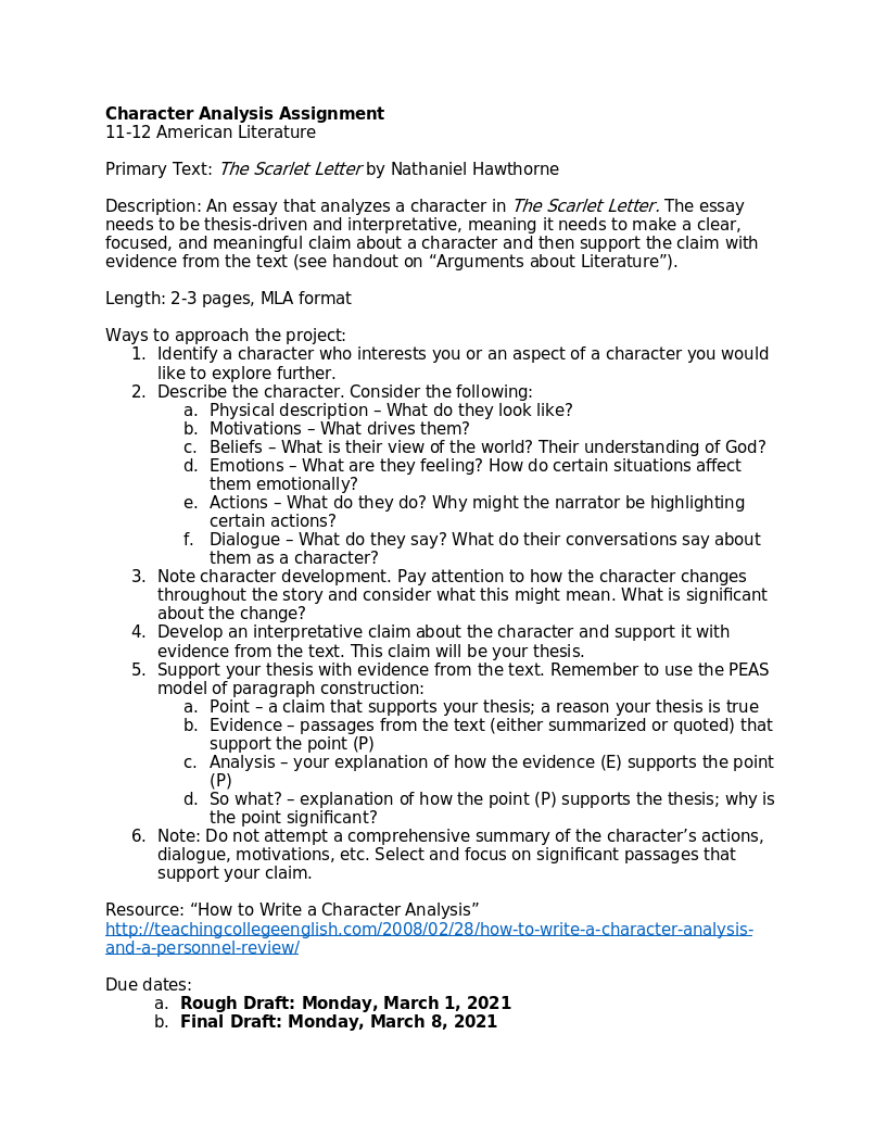 Scarlet Letter Character Analysis Prompt - The Dock for Learning