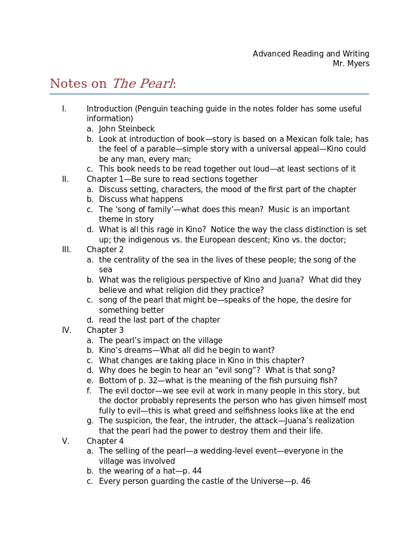 The Pearl Notes & Questions - The Dock for Learning